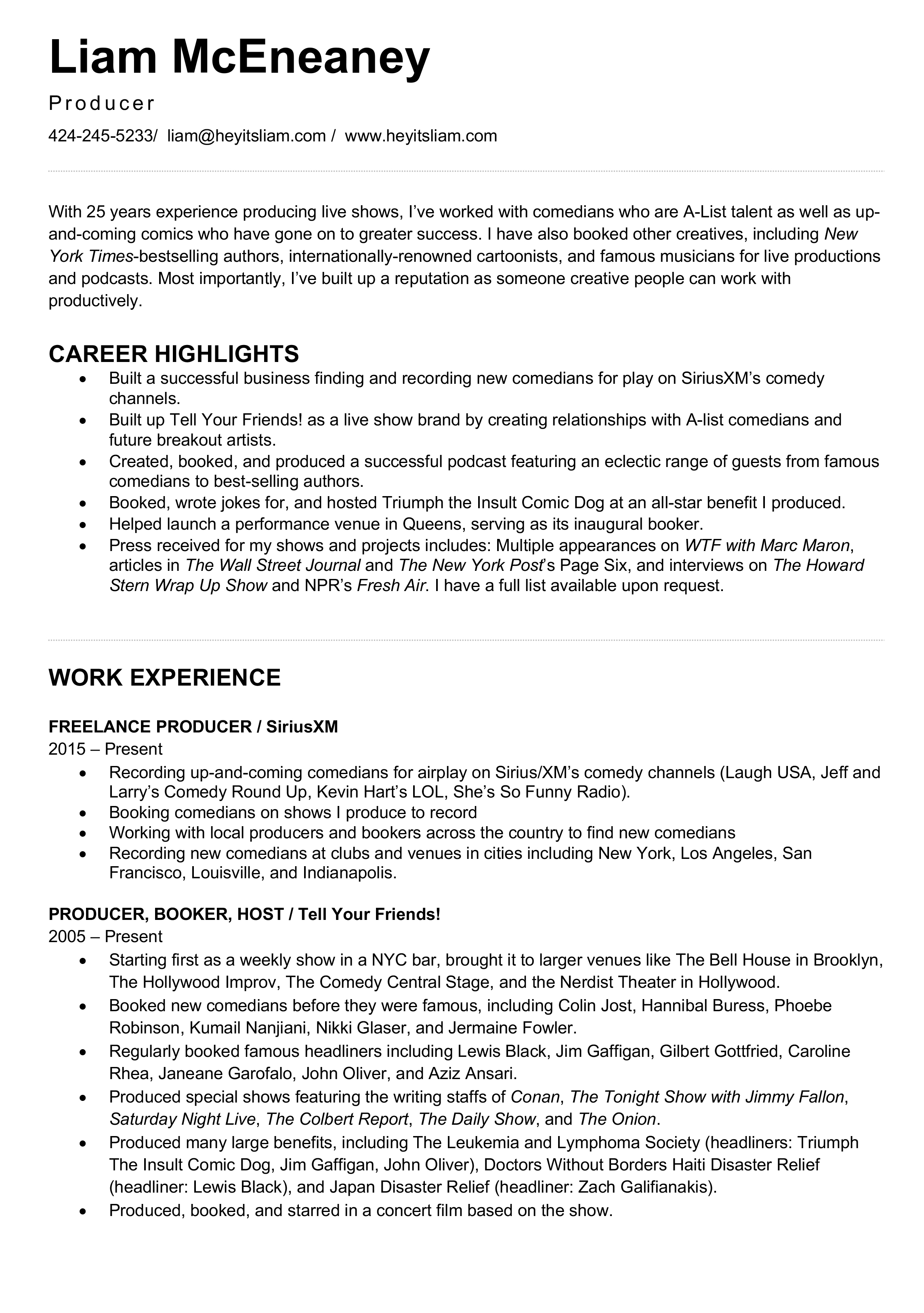 PRODUCER RESUME | Liam McEneaney: Comedian, Writer, Producer