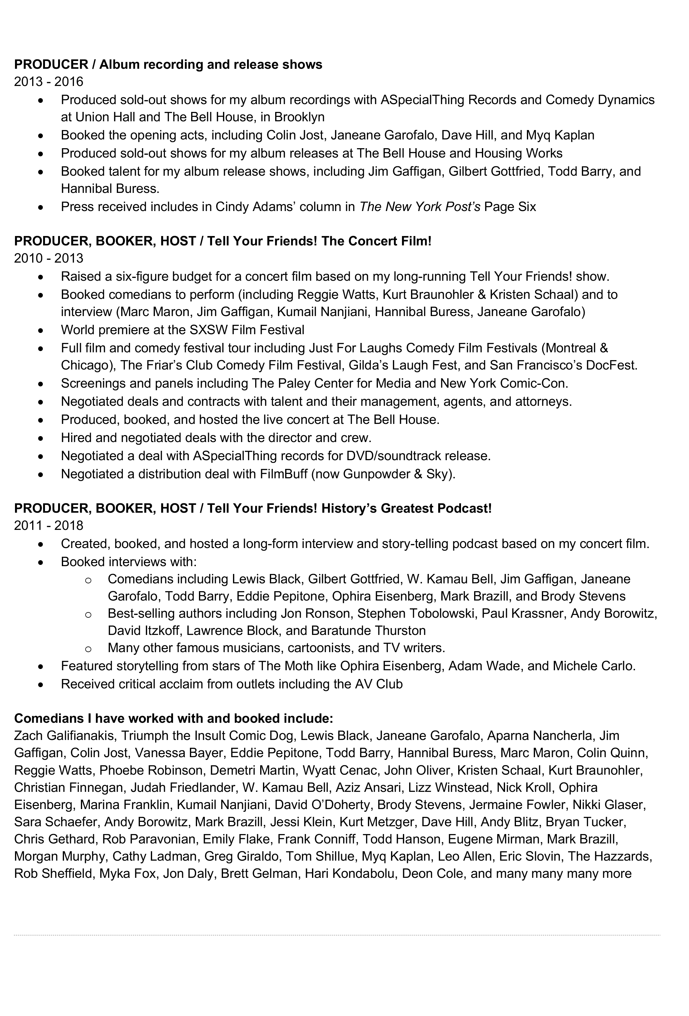 PRODUCER RESUME | Liam McEneaney: Comedian, Writer, Producer